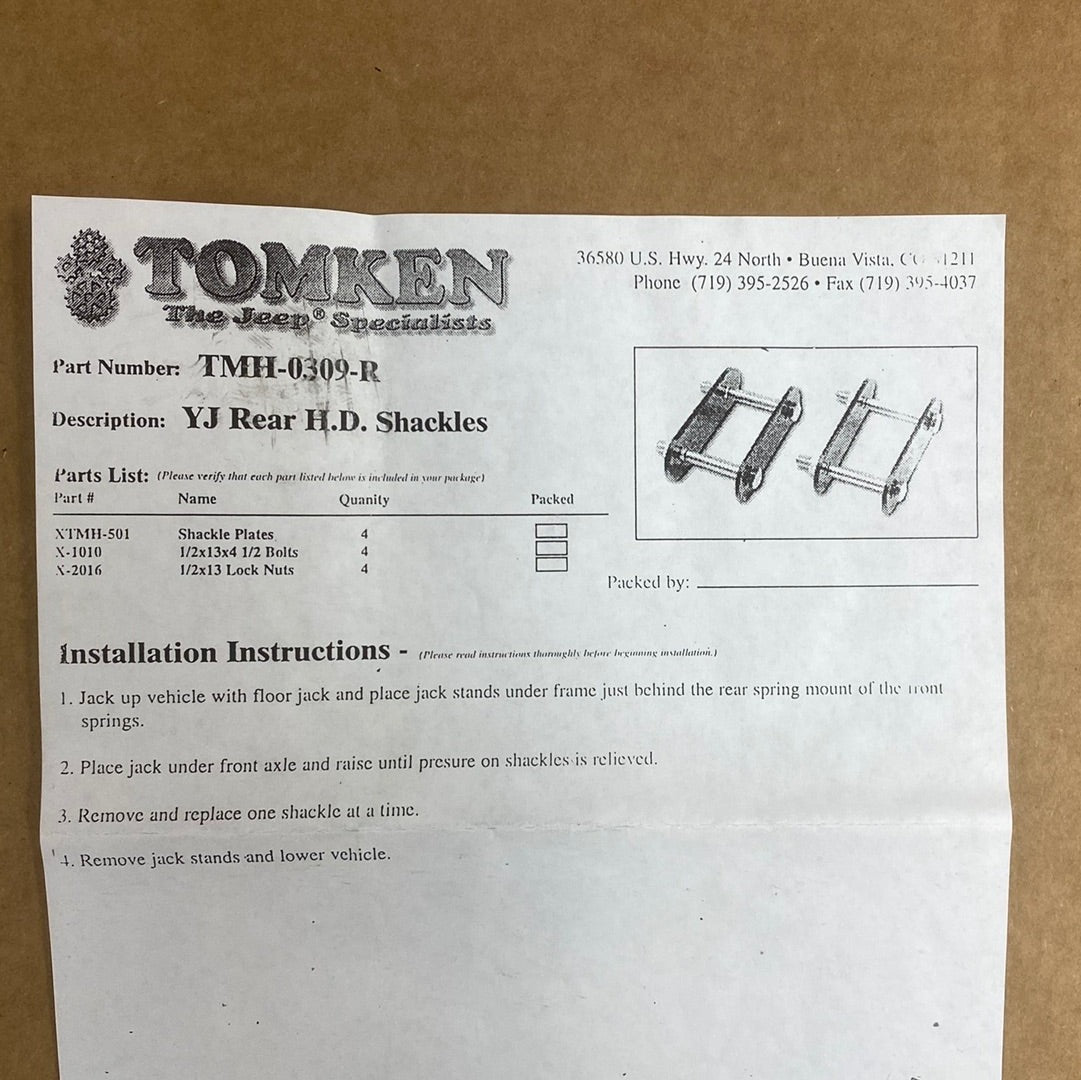 Tomken Machine YJ Rear H.D. Shackles TMH-0309-R | FN Jeep